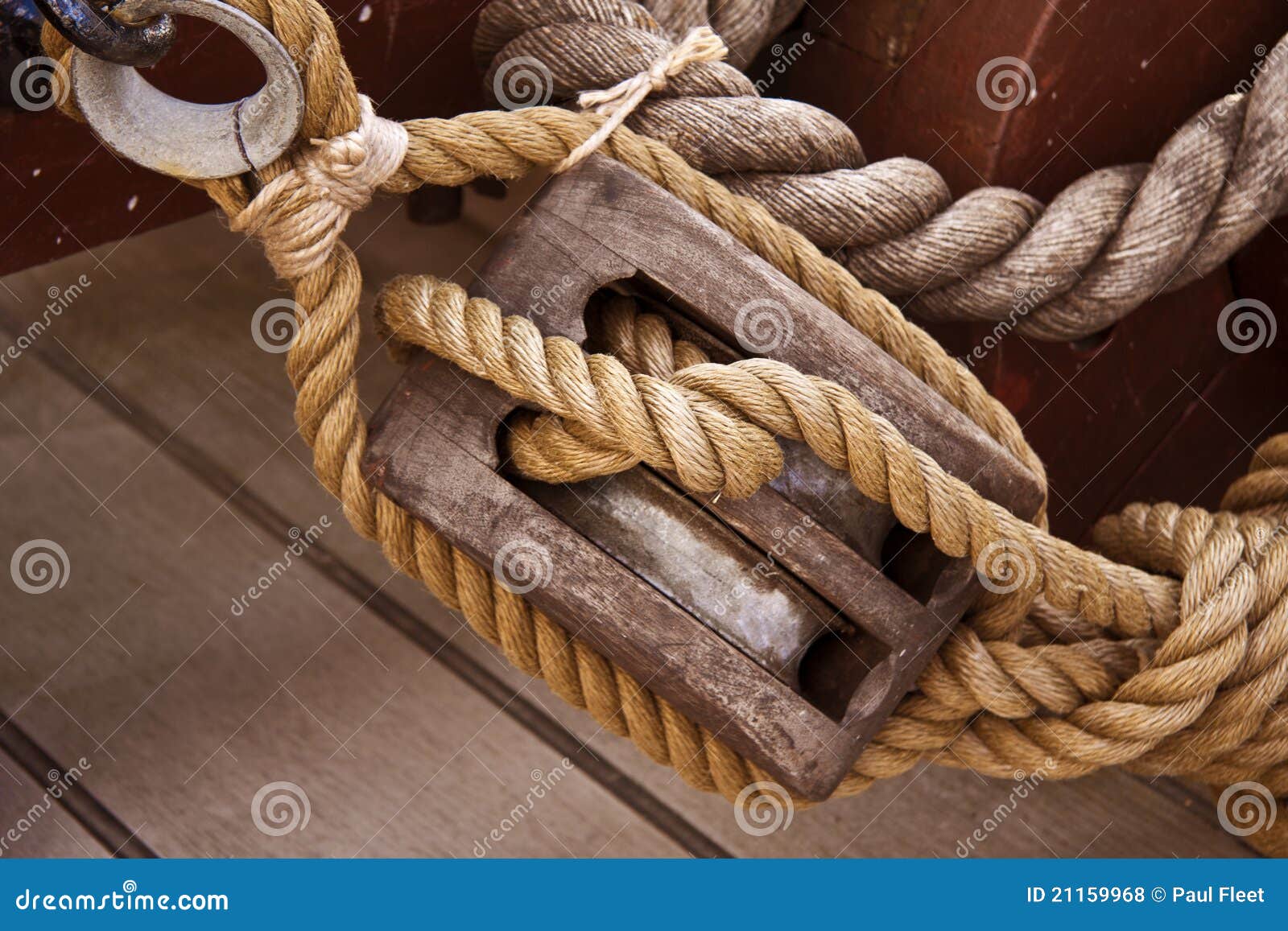Hessian Rope and Wooden Pulley Stock Photo - Image of seafaring, naval ...