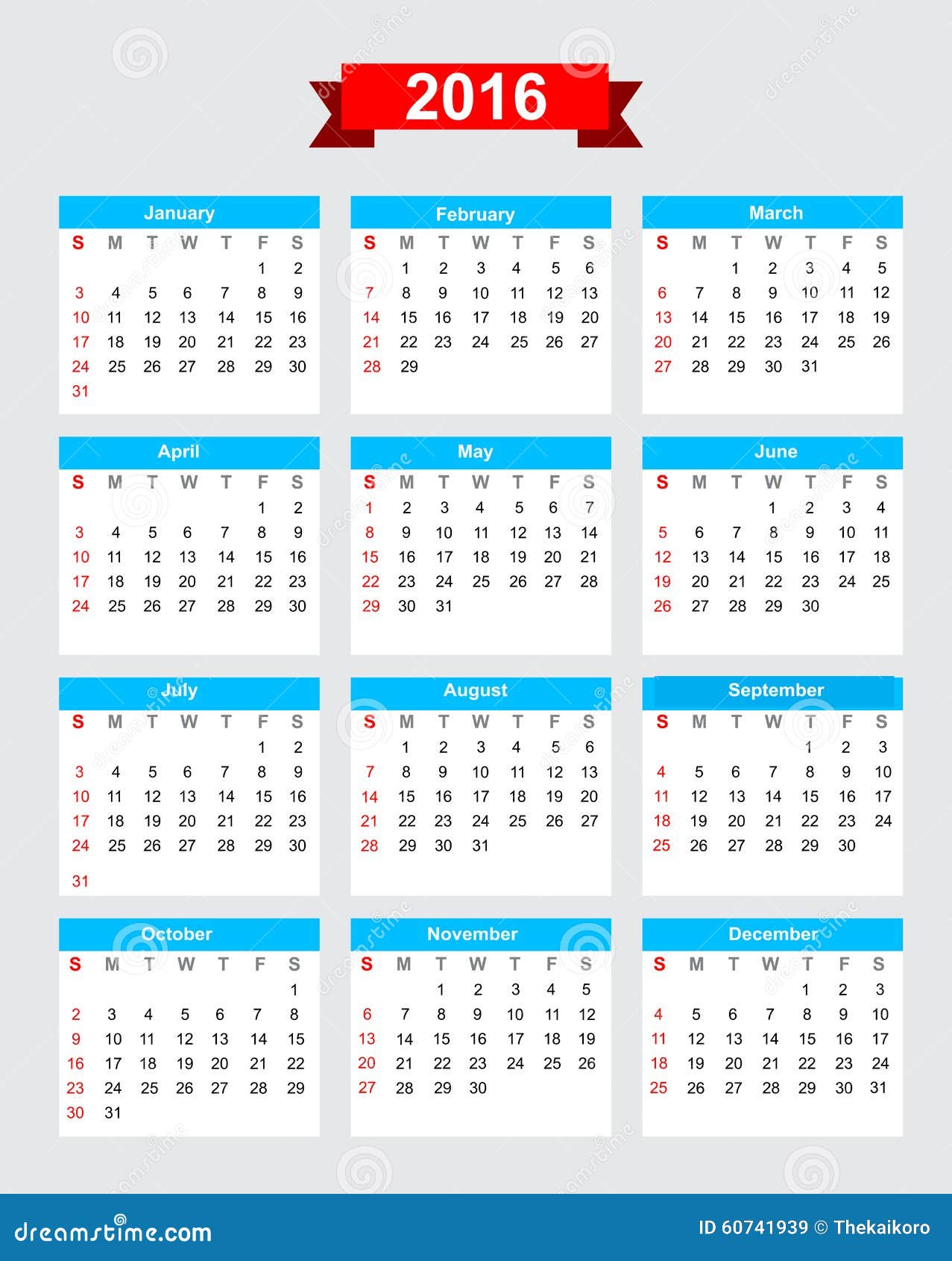 Het Begin Van De De Kalenderweek Van 2016 Zondag 001 Vector Illustratie ...