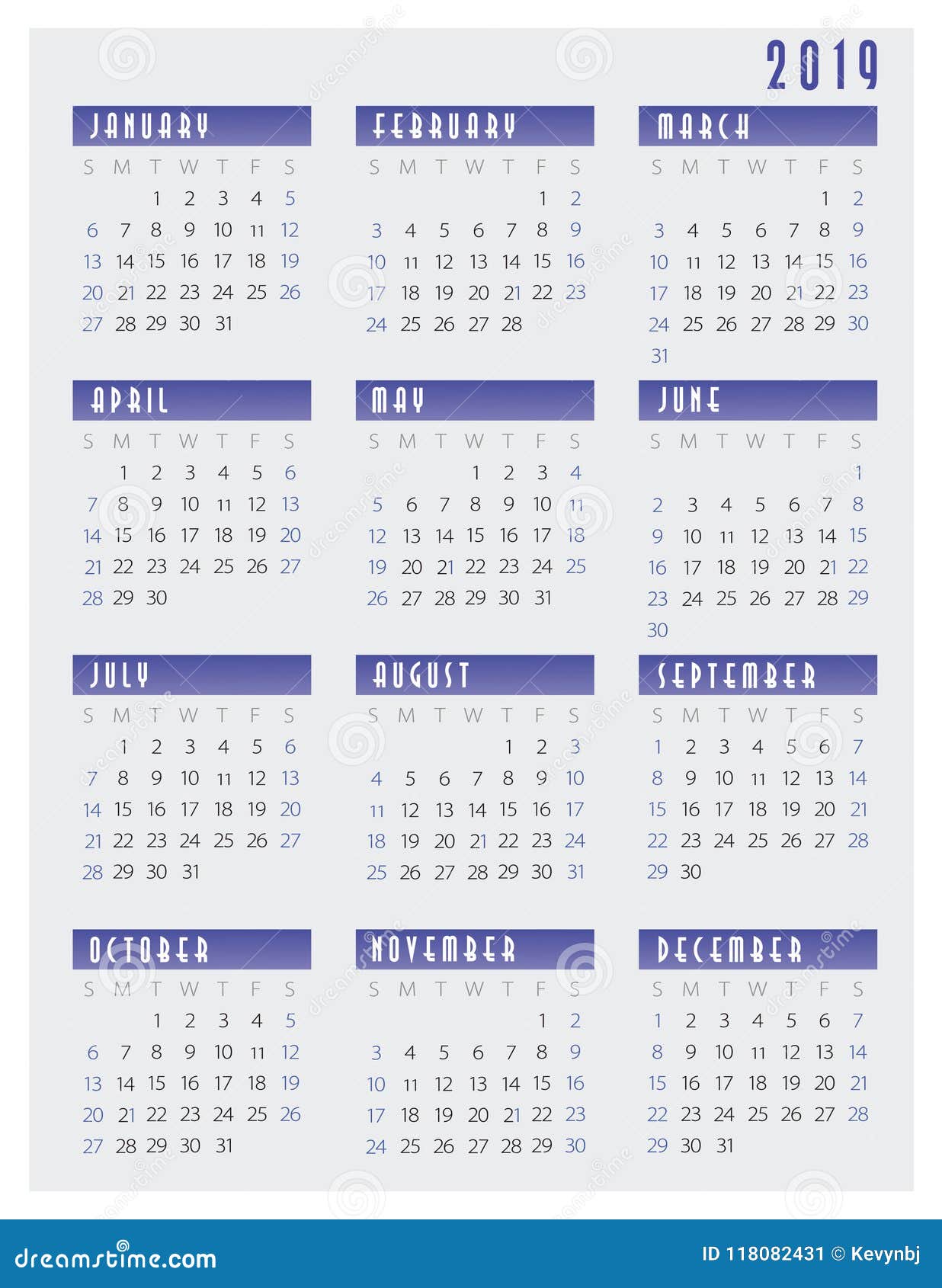 2019 Het Begin Van De Kalenderweek Op Zondag Stock Illustratie ...