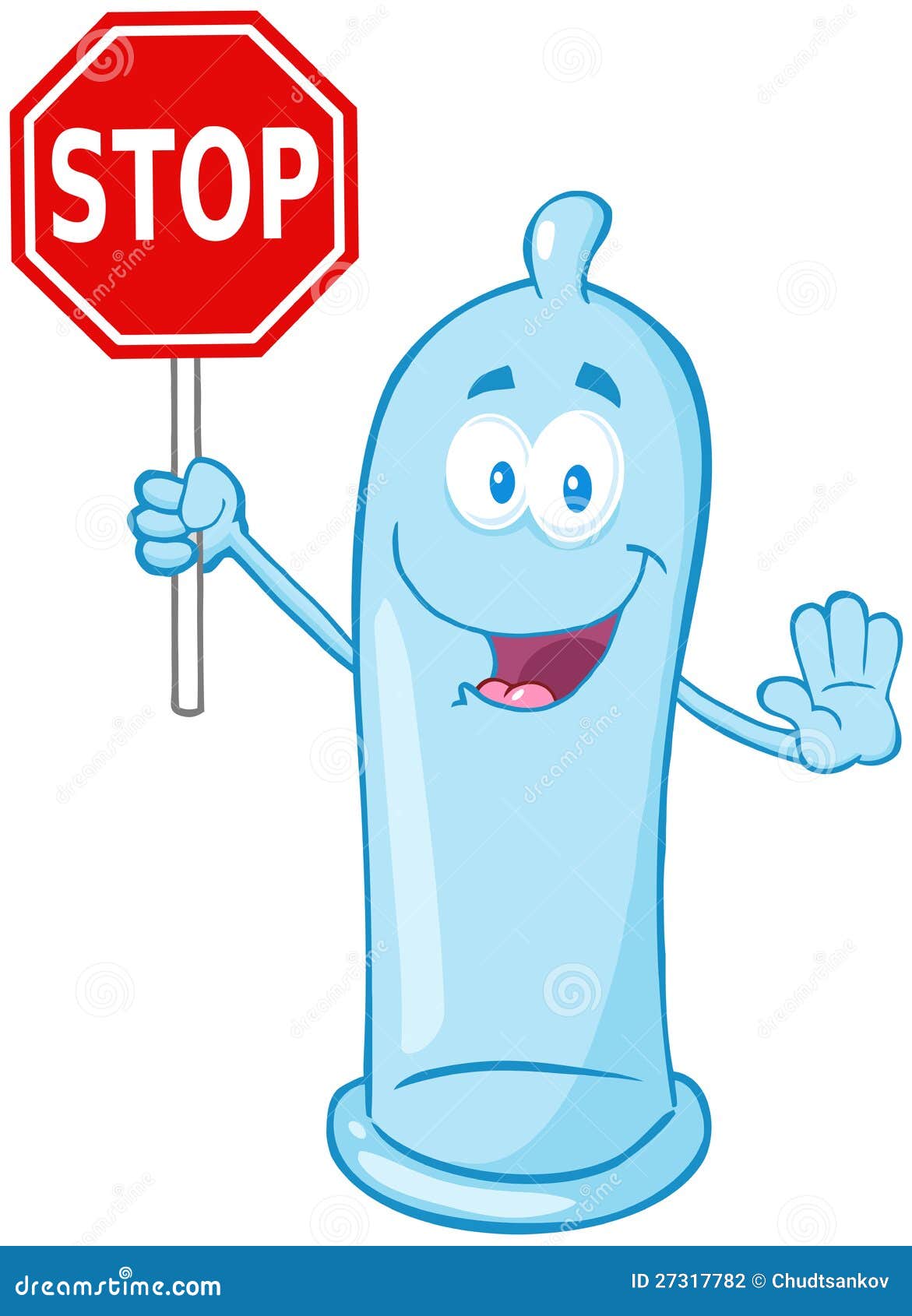 Het Blauwe Karakter Dat Van Het Condoom Een Teken Van Het Einde Houdt ...