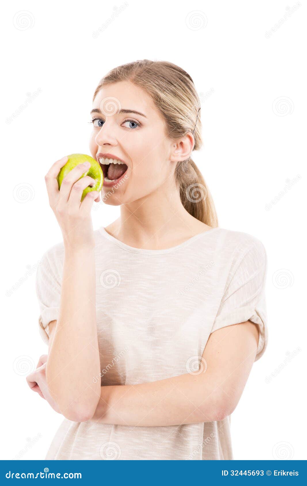 Het Eten Van Een Groene Appel Stock Afbeelding - Image of voedsel ...