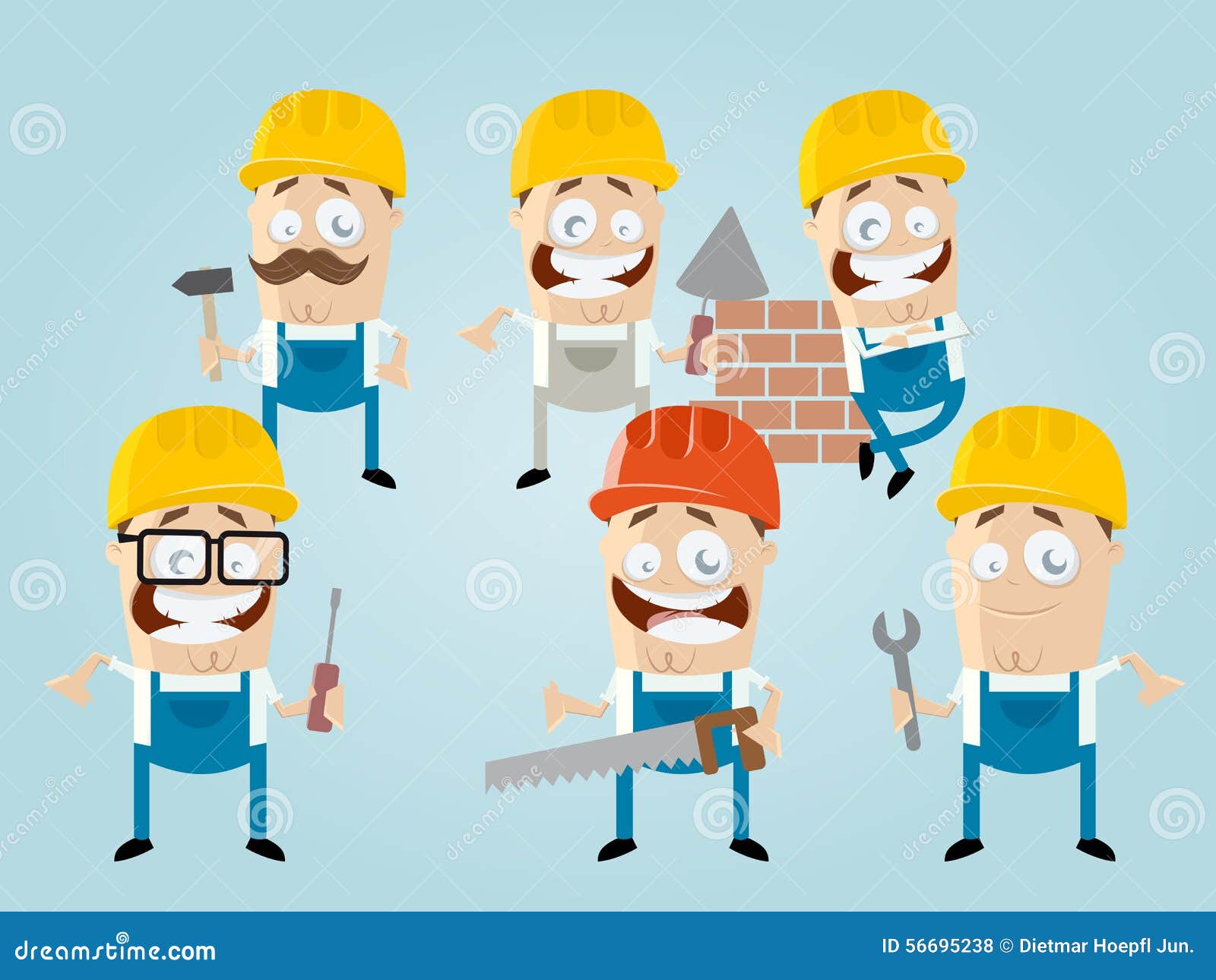 Het Grappige Team Van De Beeldverhaalbouwvakker Vector Illustratie ...