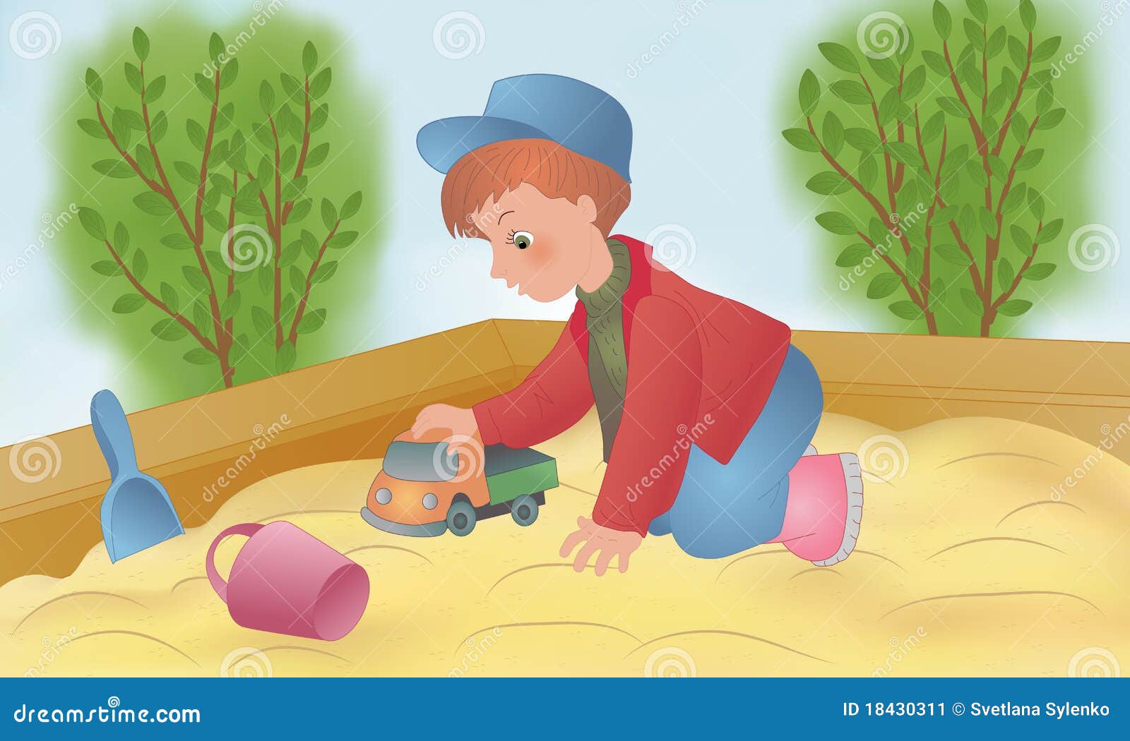 Het Kind Wordt Gespeeld in Een Zandbak Vector Illustratie ...