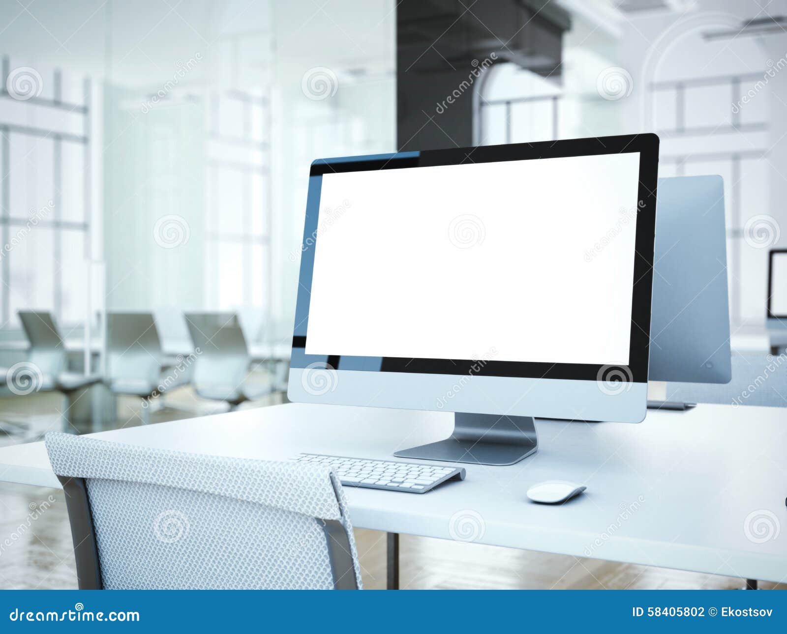 Het Lege Computerscherm Met Witte Stoel Het 3d Teruggeven Stock Foto ...