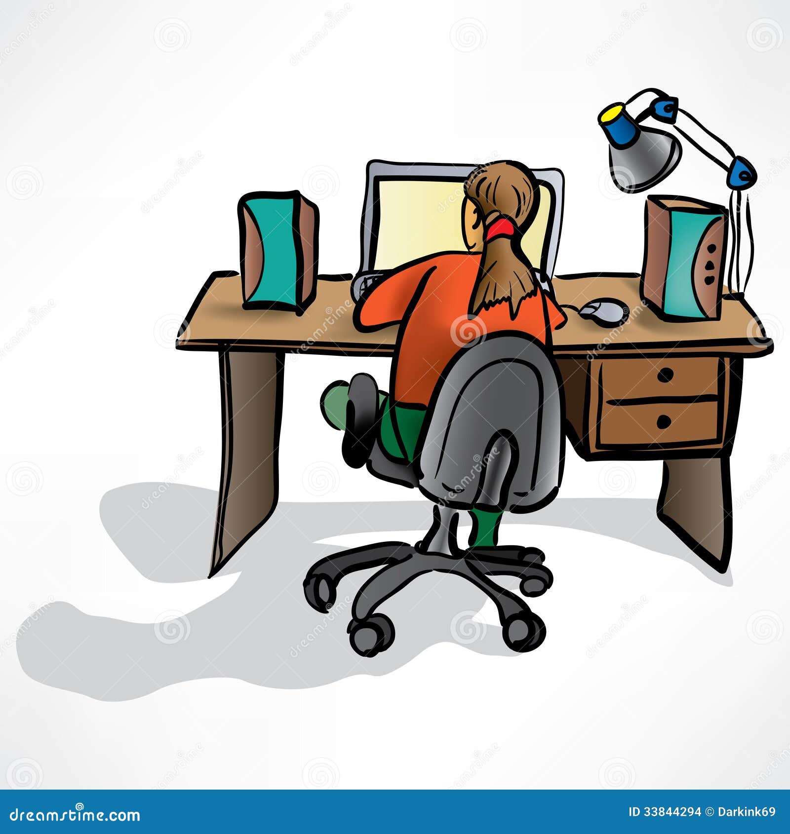 Het Meisje Achter Het Bureau Vector Illustratie - Illustration of muis ...