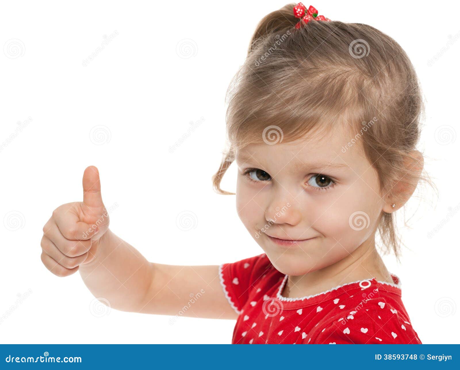 Het Meisje in Rode Blouse Houdt Haar Duim Tegen Stock Foto - Image of ...