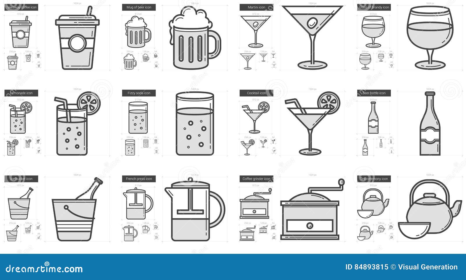 Het Pictogramreeks Van De Drankenlijn Vector Illustratie - Illustration ...