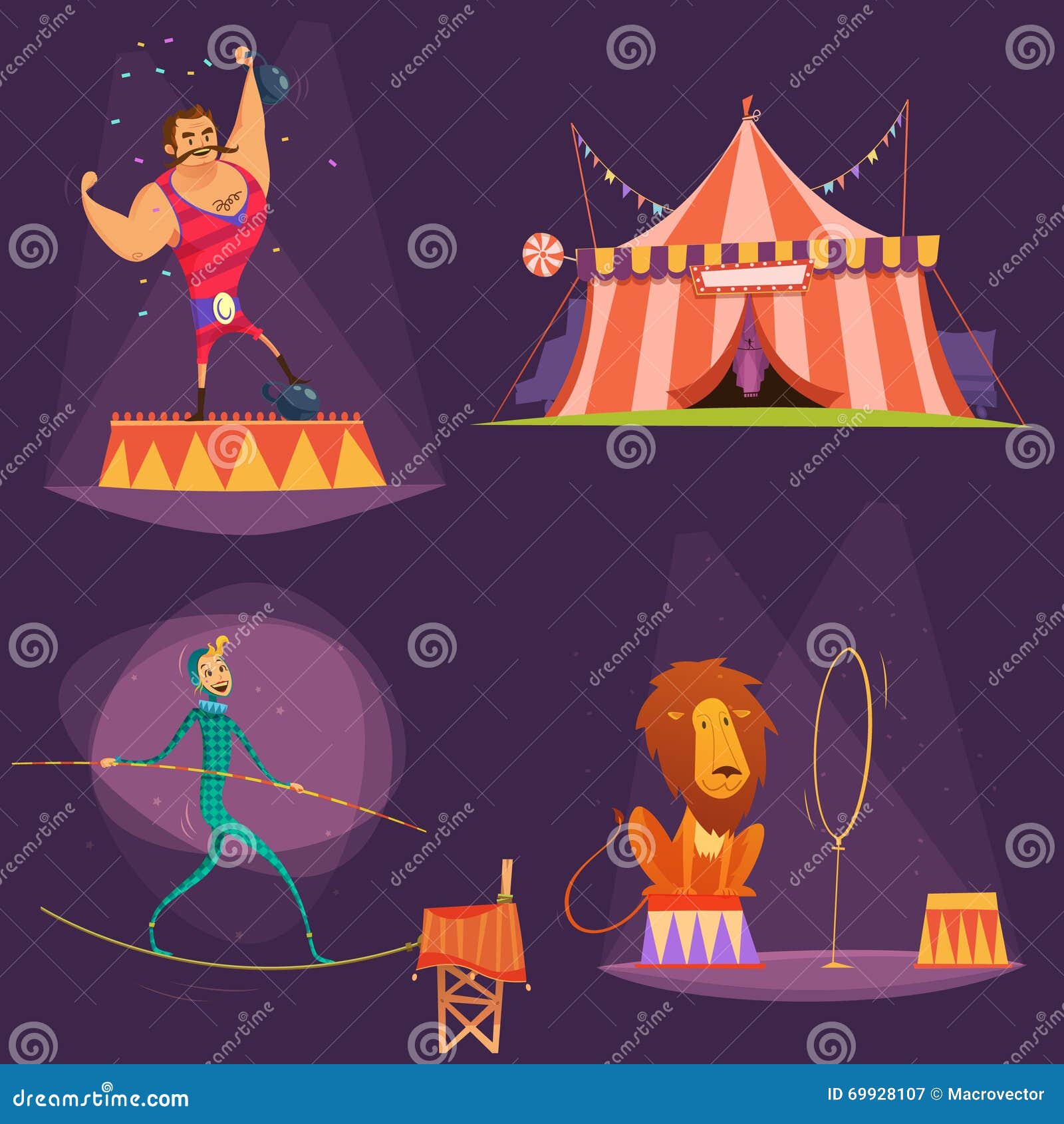 Het Pictogramreeks Van Het Circus Retro Beeldverhaal Vector Illustratie ...