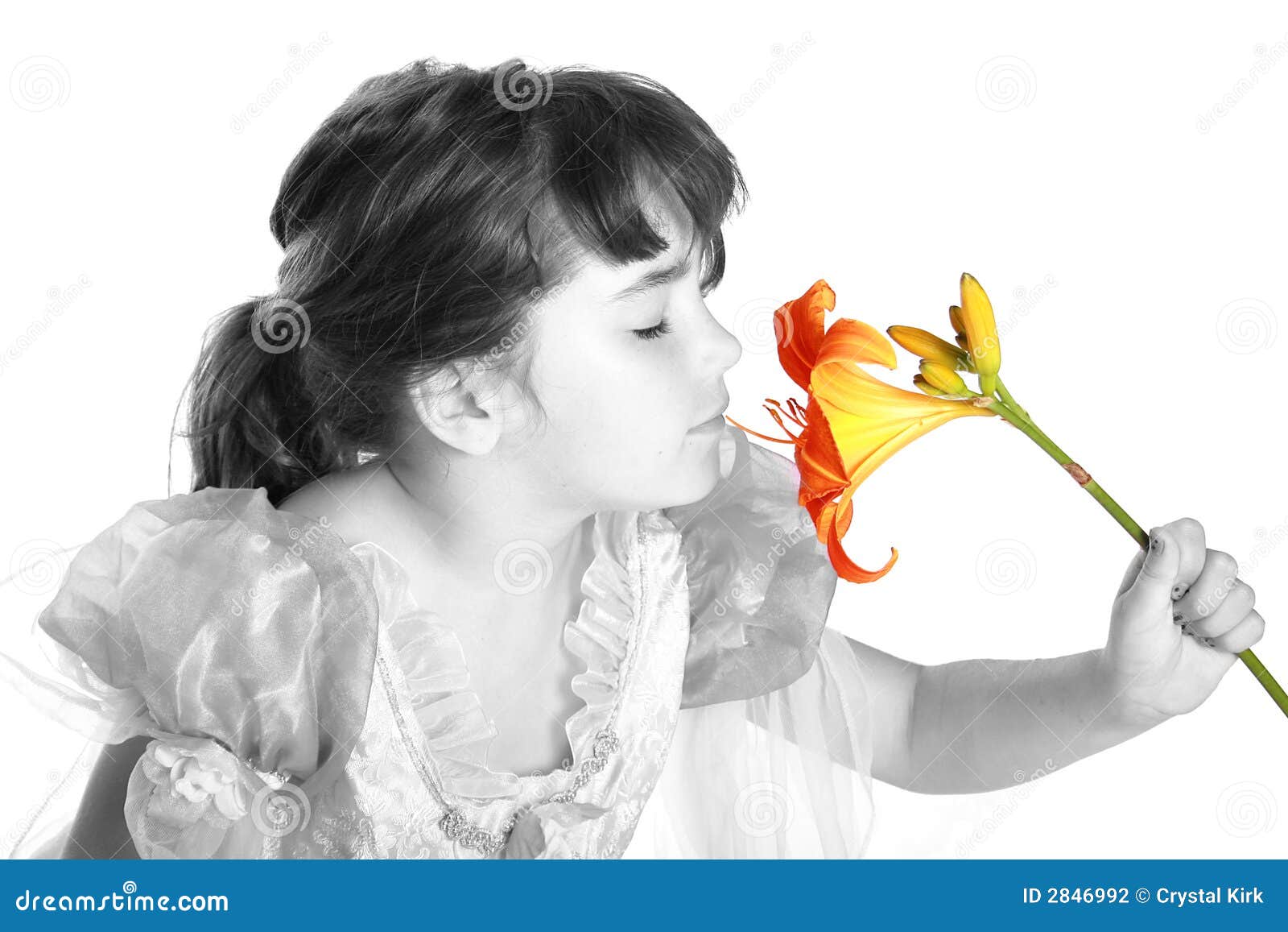 Het ruiken van een bloem stock foto. Image of sinaasappel - 2846992