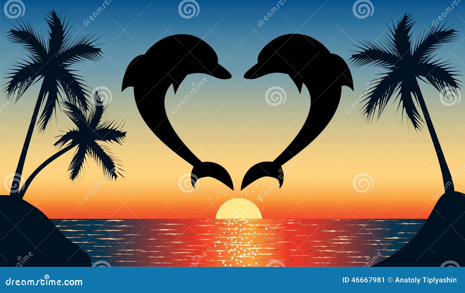 Het Springen Op Dolfijn Gevormd Hart Met Zonsondergang Vector ...