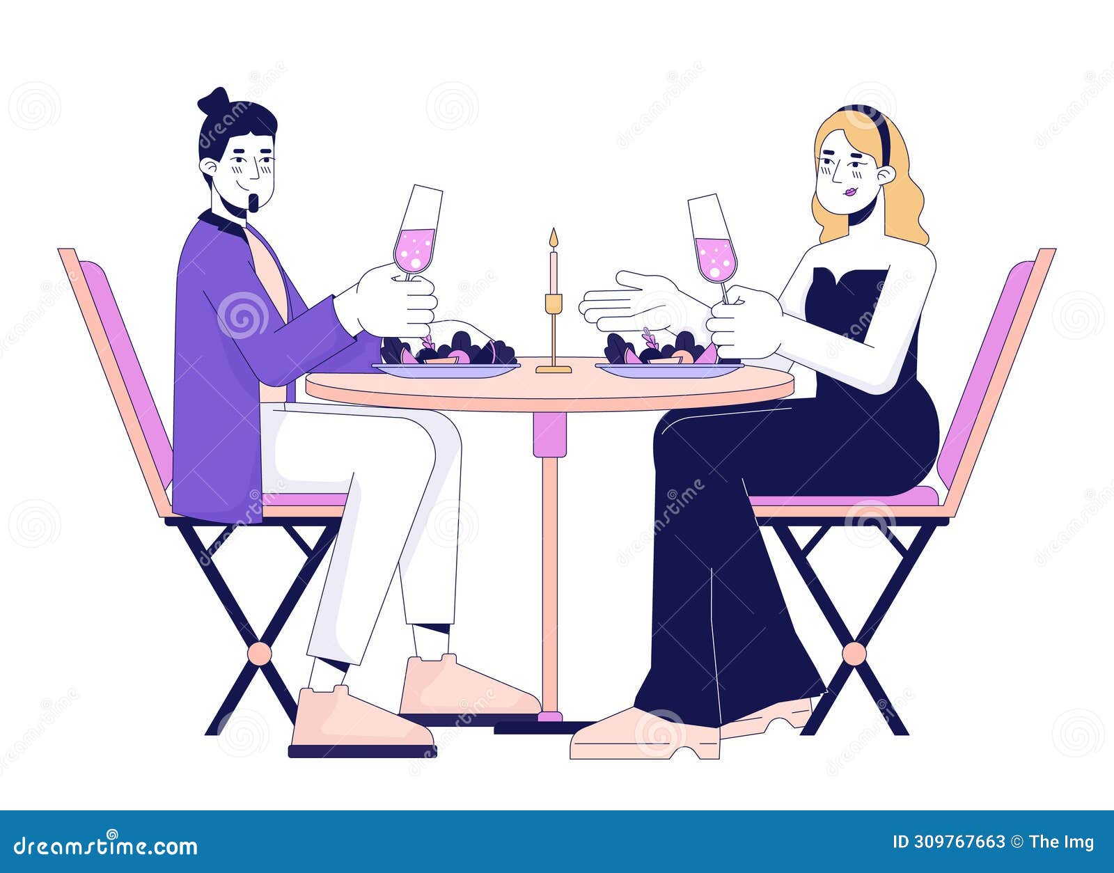 Heterosexual Couple On Romantic Date 2d Linear Cartoon Characters Stock