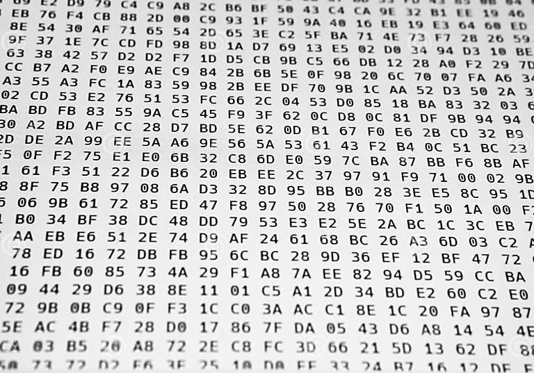 Hex Code on Computer Screen Closeup. Random Hexadecimal Code Stream ...