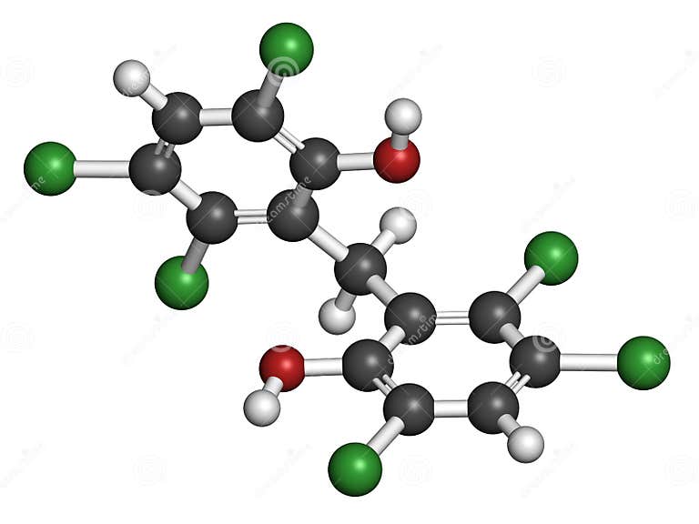Hexachlorophene Disinfectant Molecule. 3D Rendering. Atoms are ...