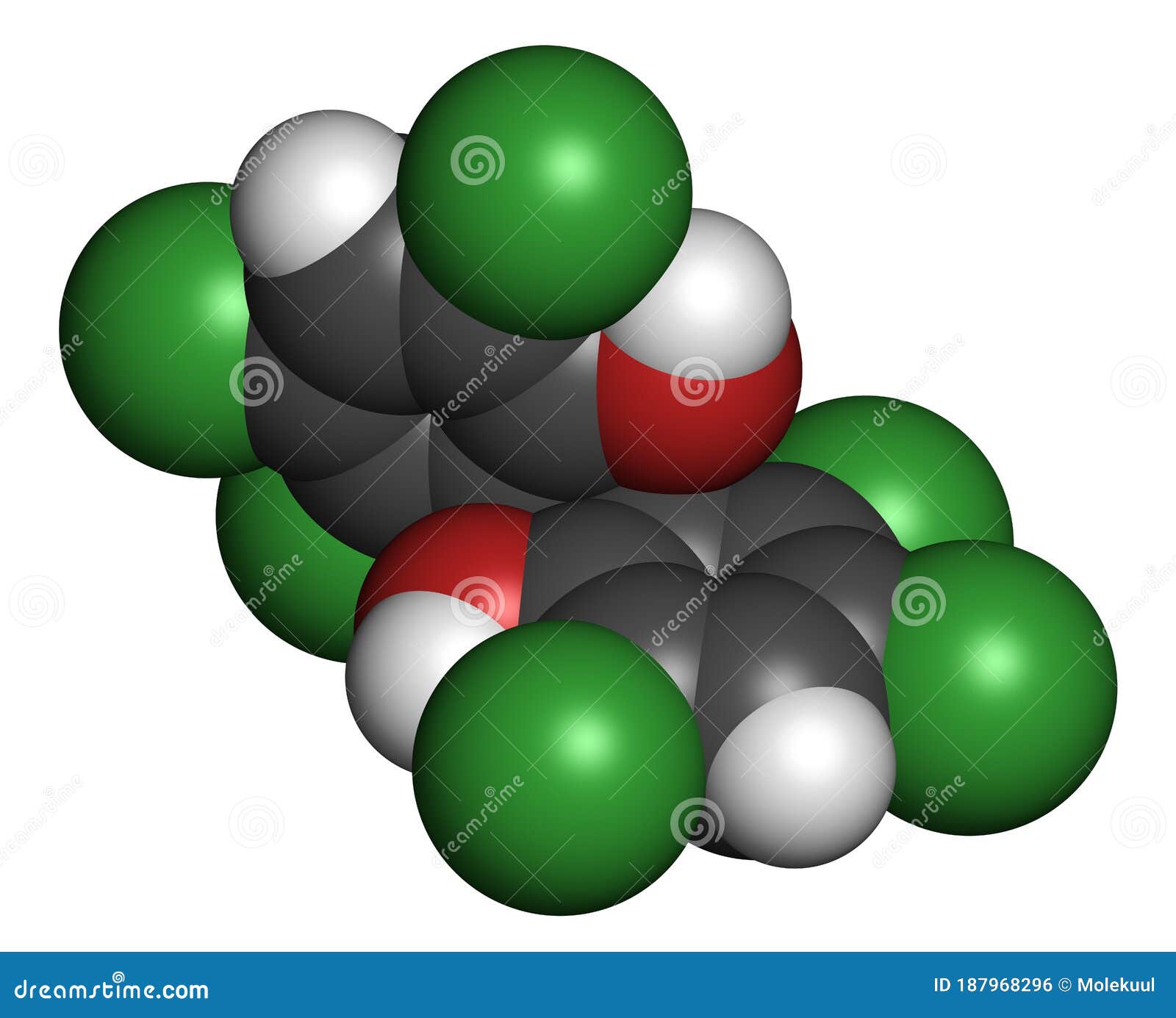 Hexachlorophene Disinfectant Molecule. 3D Rendering. Atoms are ...
