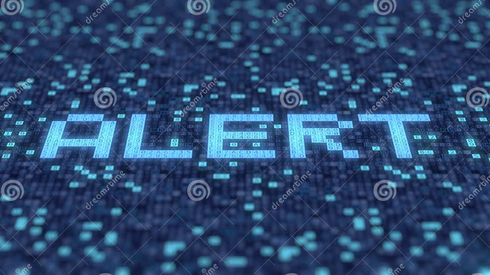 Hexadecimal Symbols on a Blue Computer Screen Compose ALERT Word. 3D Rendering Stock ...