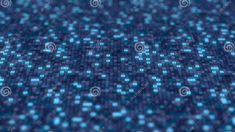 Hexadecimal Symbols Flashing on a Blue Computer Screen. 3D Rendering ...