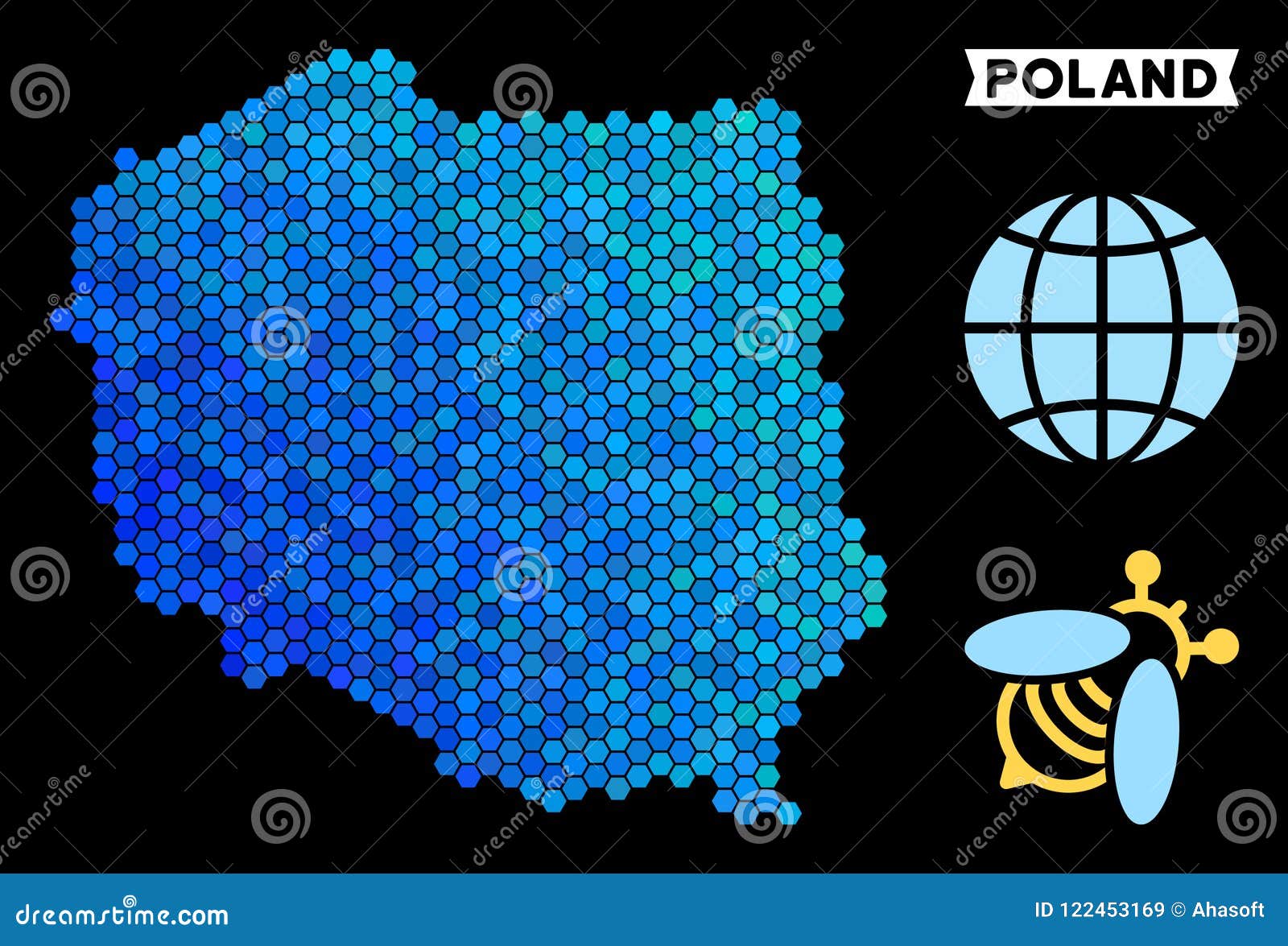 Blue Hexagon Poland Map stock vector. Illustration of hexagonal - 122453169