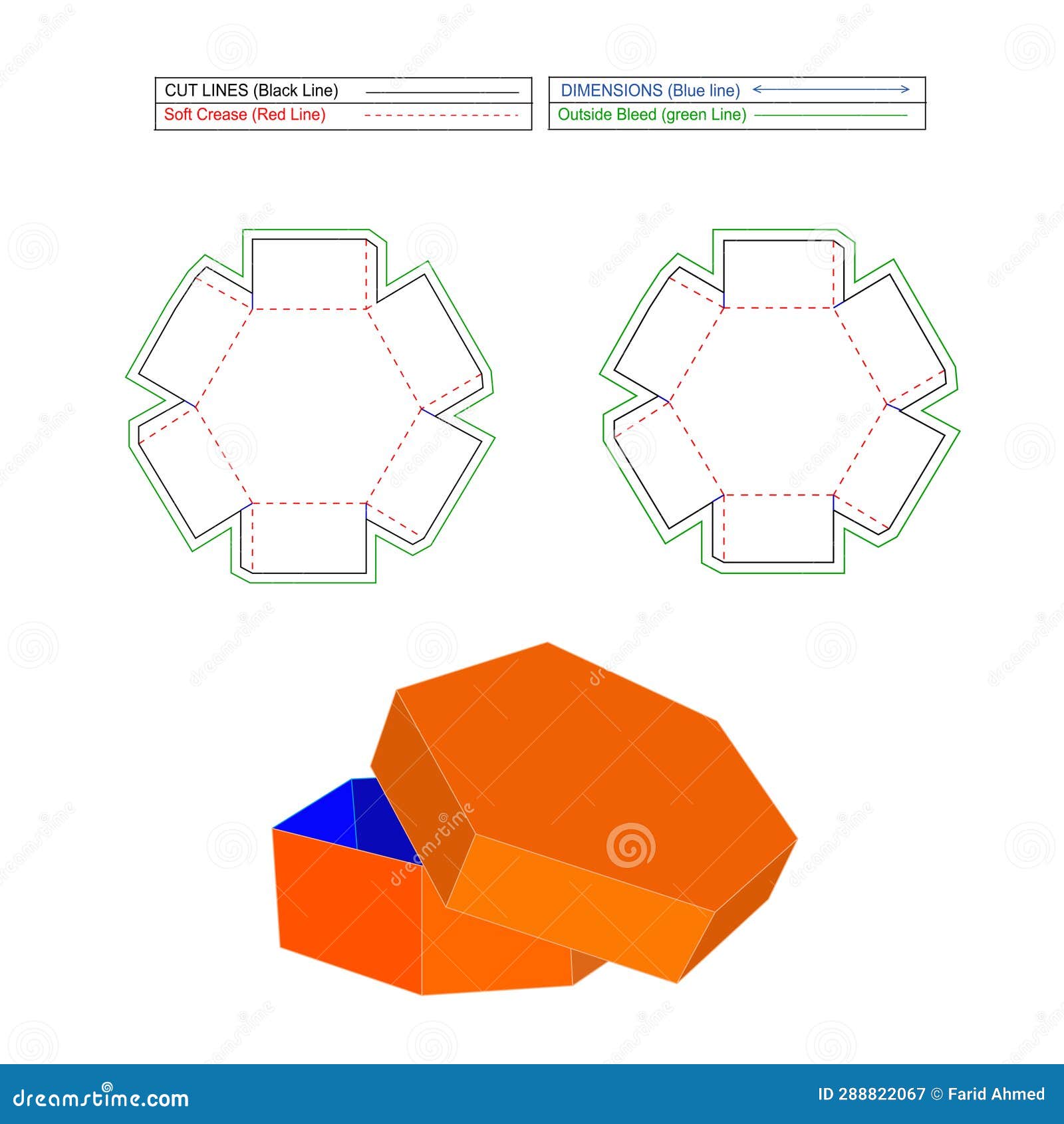 Hexagon Box Dieline Template and 3d Render, Editable and Resizable ...
