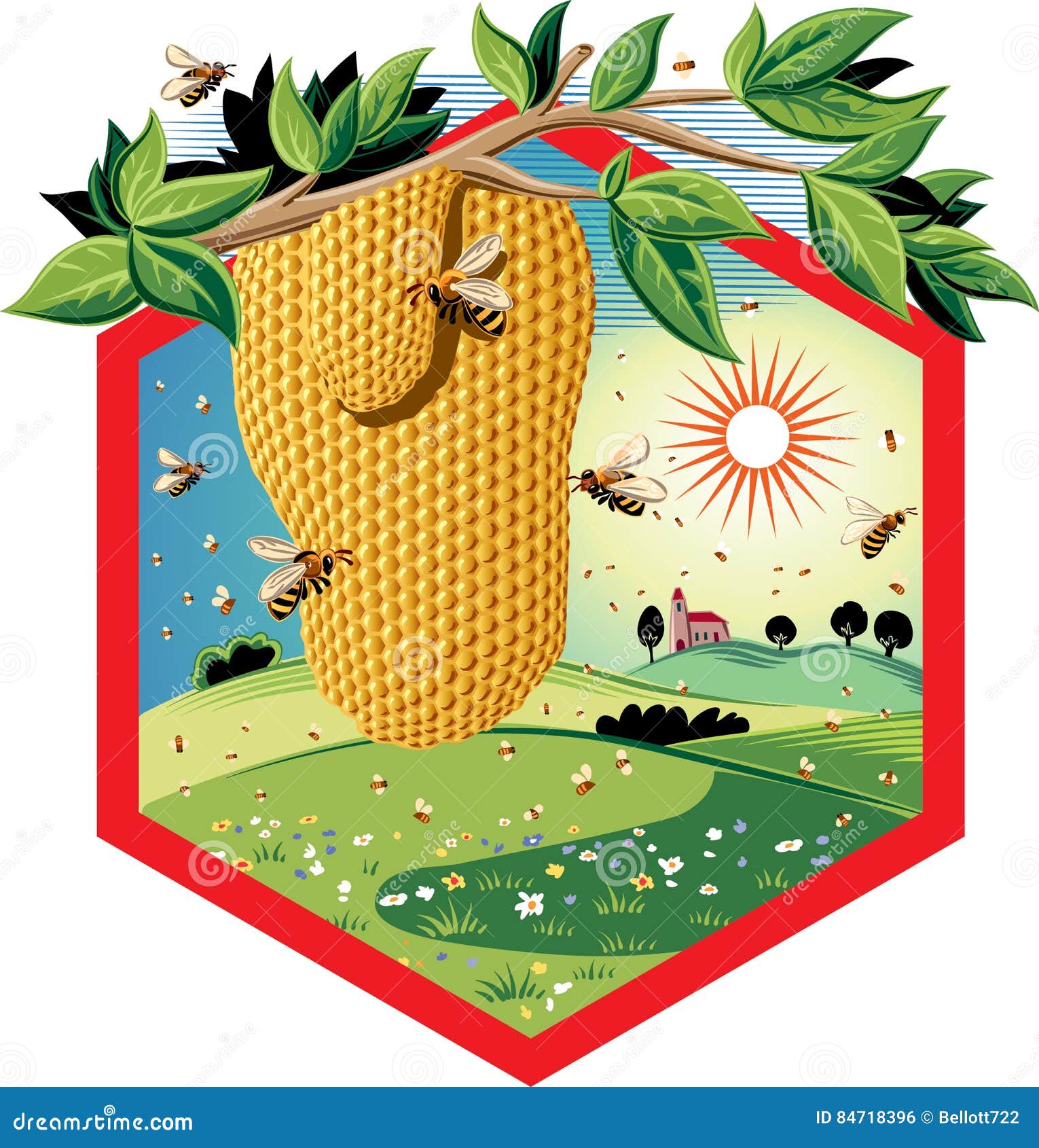 Hexagon Frame With Cute Honey Flowers And Bees. Cartoon Vector ...