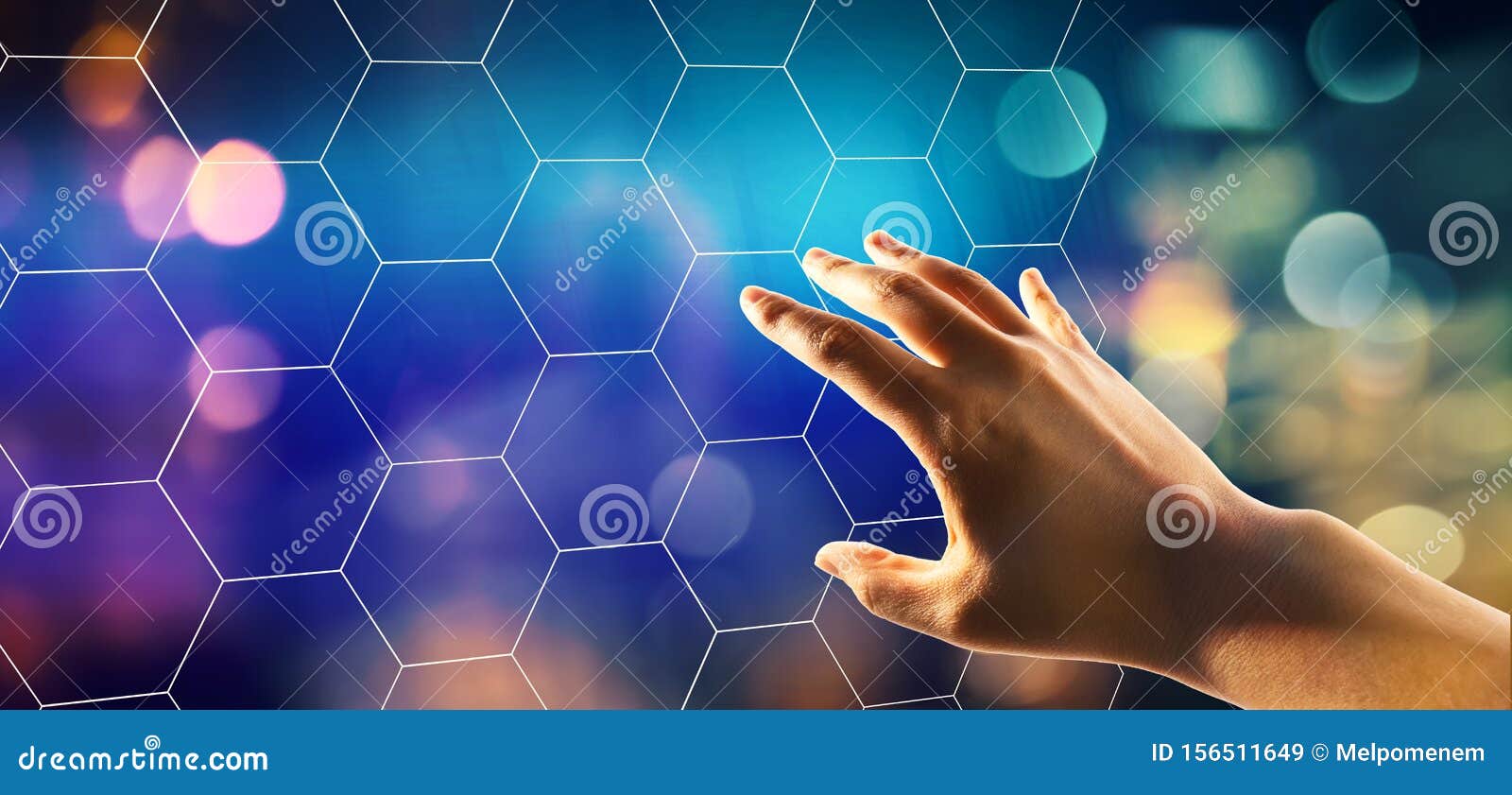 Hexagon Grid with Hand Pressing a Button Stock Image - Image of hand ...