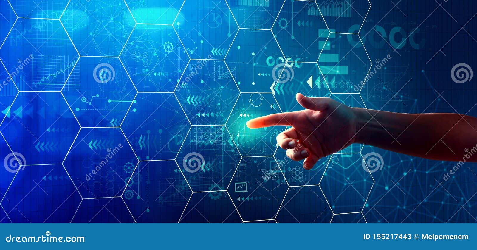 Hexagon Grid with Hand Pressing a Button Stock Image - Image of network ...