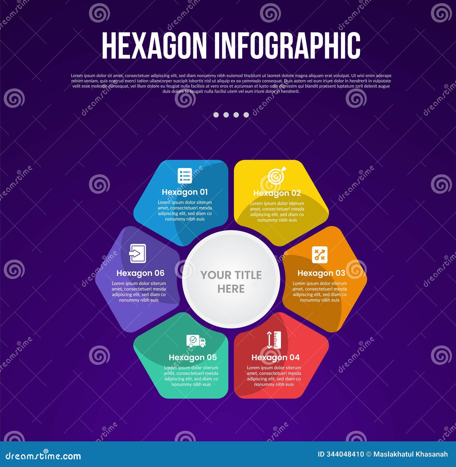 Hexagon or Hexagonal Six Sided Polygon Template Infographic with Round ...