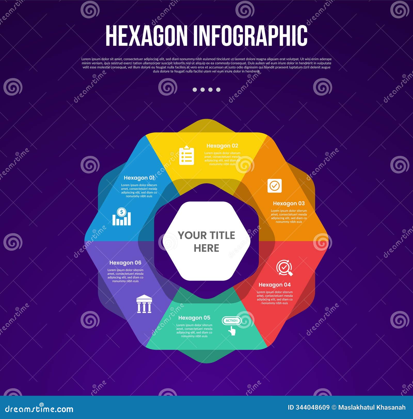 Hexagon or Hexagonal Six Sided Polygon Template Infographic with Round ...
