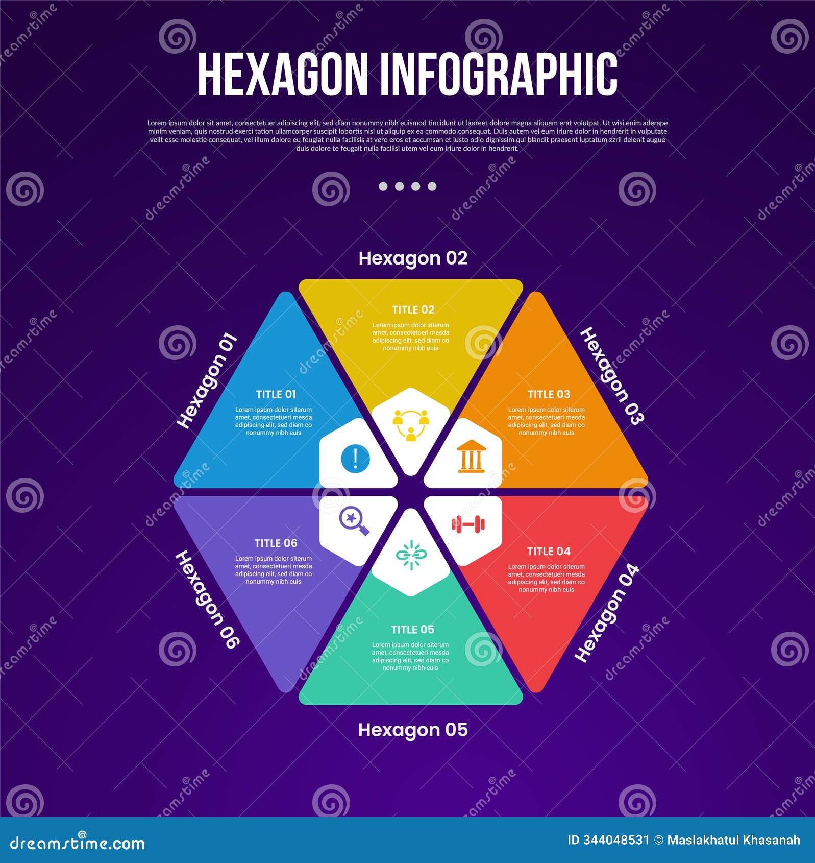 Hexagon or Hexagonal Six Sided Polygon Template Infographic with Round ...