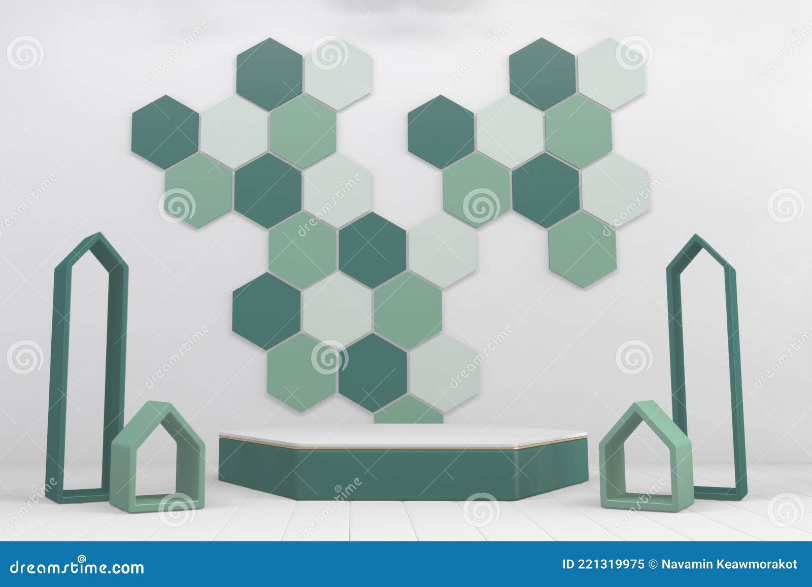 Hexagon Podiums Green on Backround Gexagon Patten.3D Rendering Stock ...