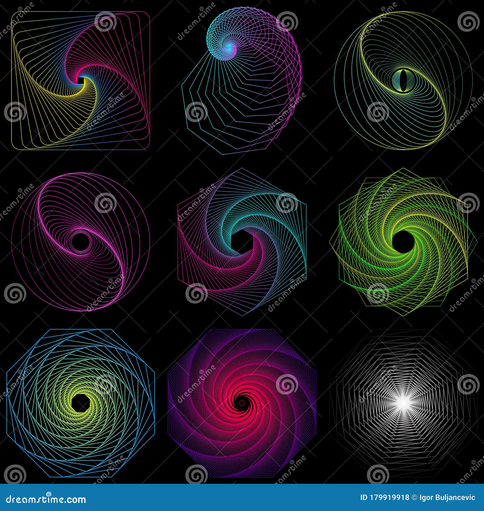 Hexagon and Spiral Vector Illustration. Set of Abstract Tunnel Shapes ...