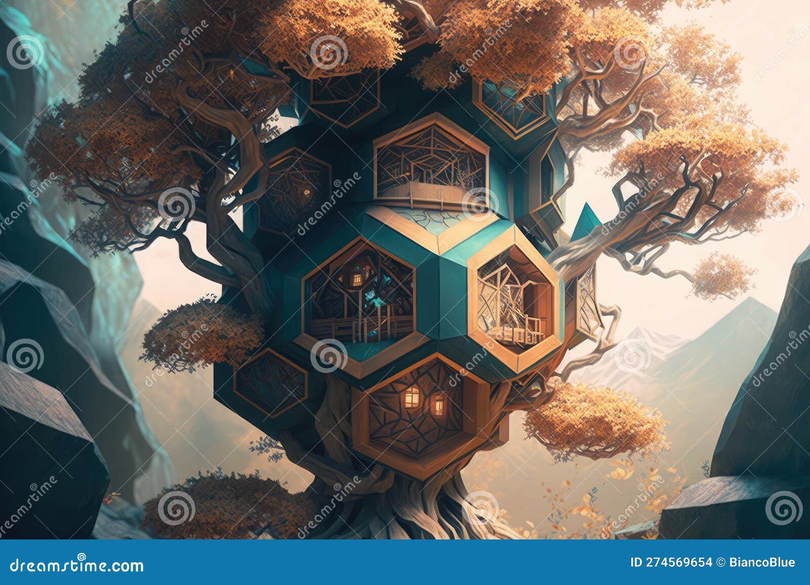 Hexagon Tree House Fantasy World Stock Illustration - Illustration of ...
