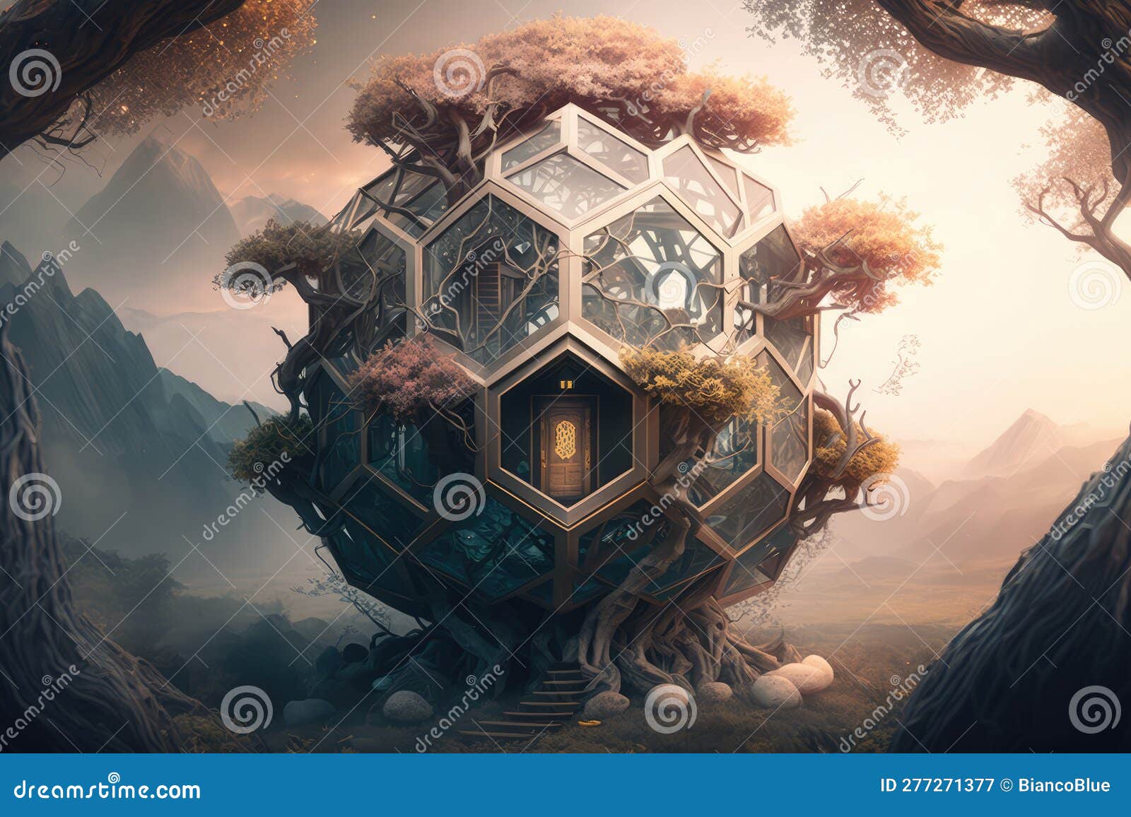 Hexagon Tree House Fantasy World Stock Illustration - Illustration of ...