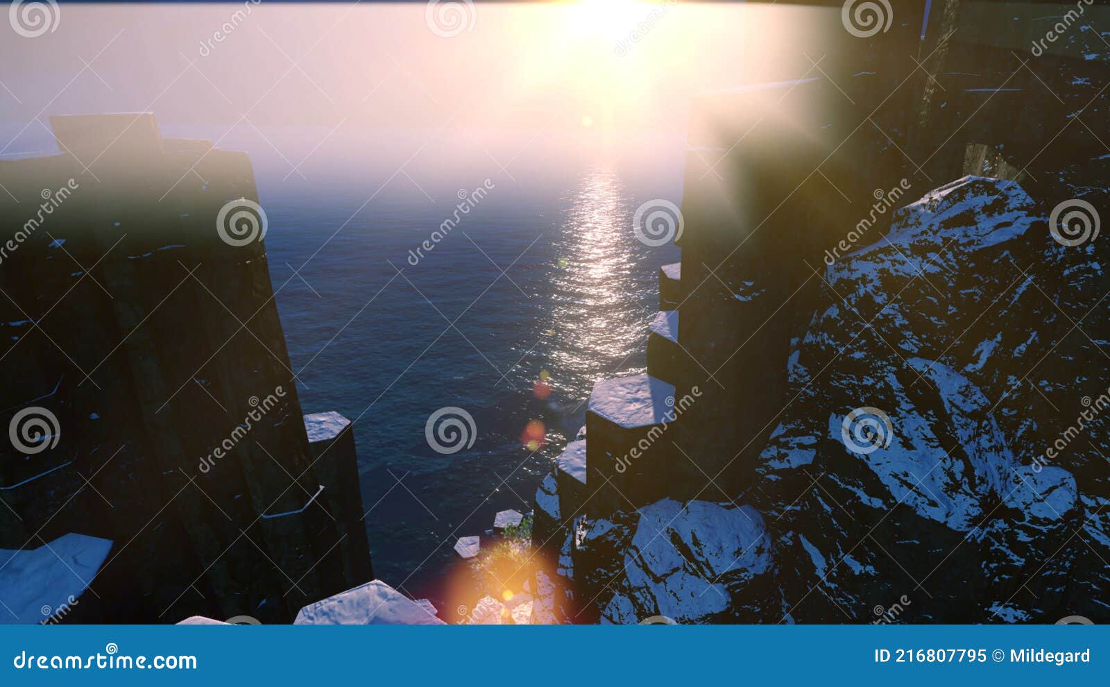Snowy Basalt Cliffs Over the Sea -3D Art Stock Illustration ...