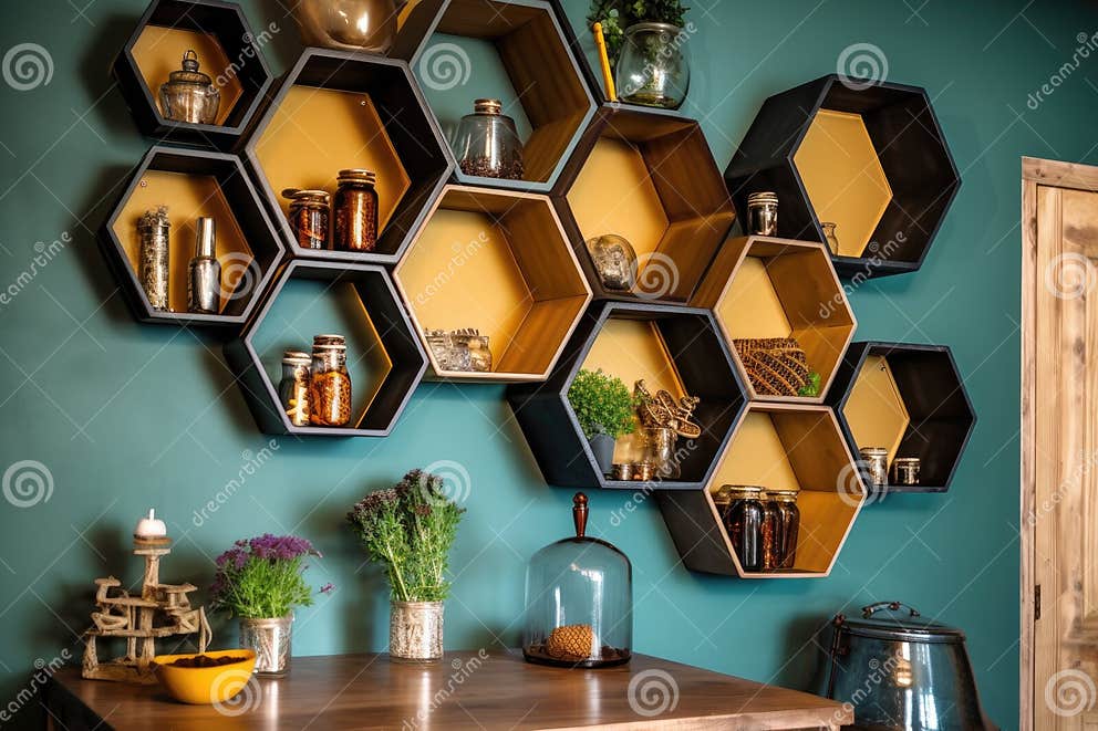 Hexagonal Beehive Shelves on a Wall Stock Illustration - Illustration ...
