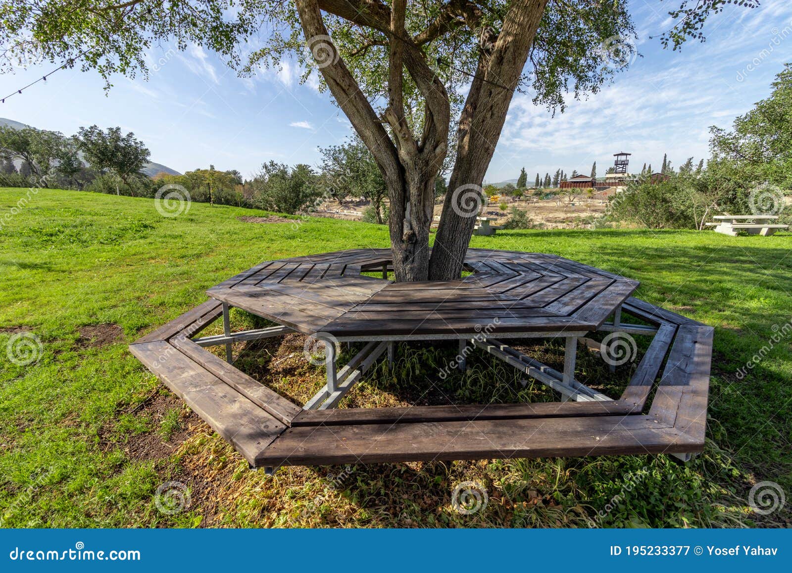 A Hexagonal Bench and Table Made of Wood Stock Image - Image of outdoor ...