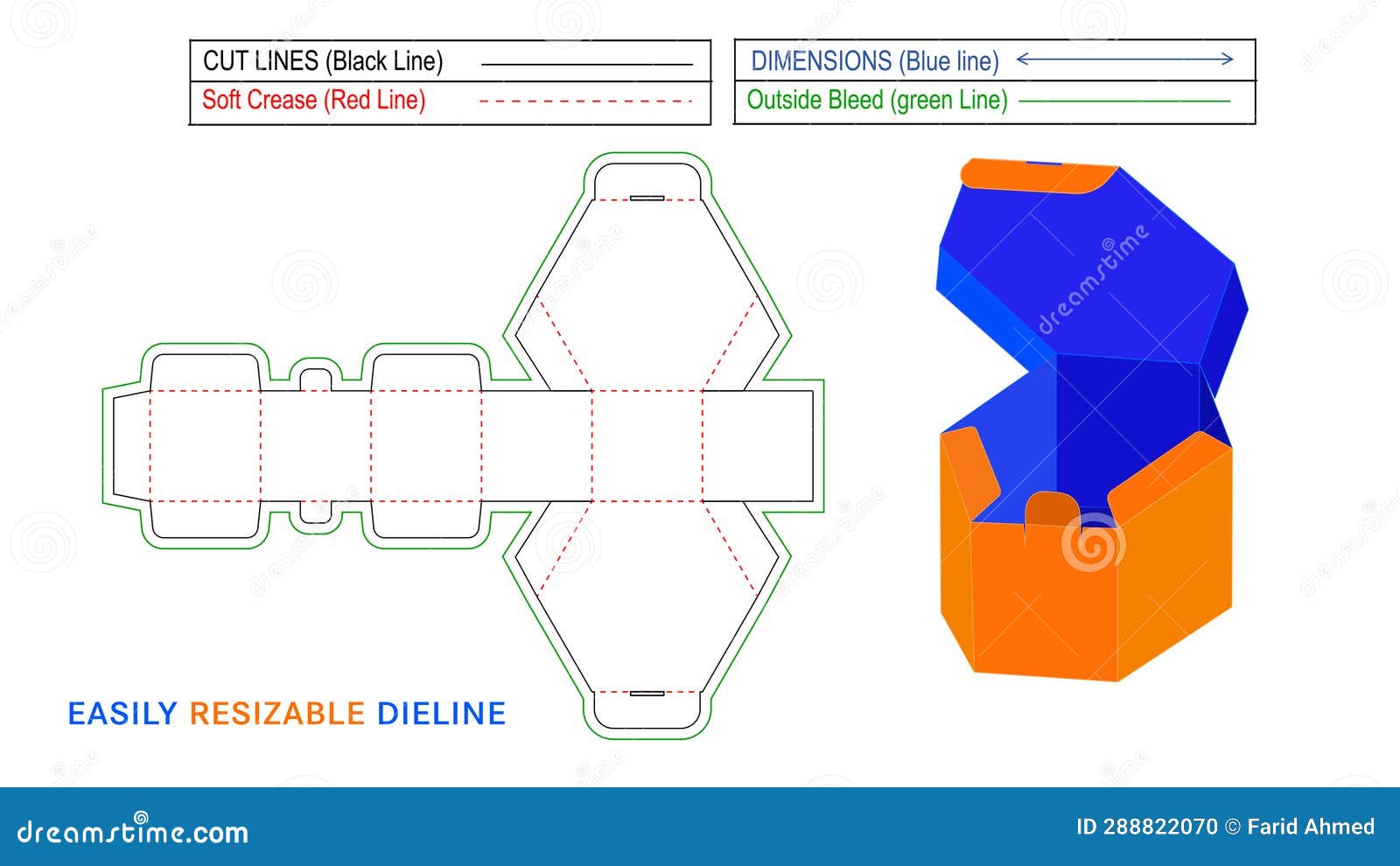 Hexagonal Box Packaging Die Cut or Dieline Template Design and 3D ...