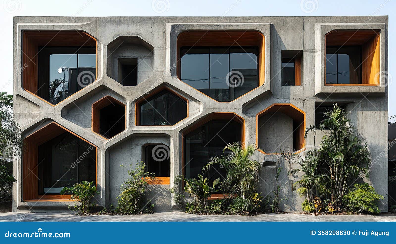 Hexagonal Concrete Building, Urban Facade, Tropical Plants, Sunlight ...