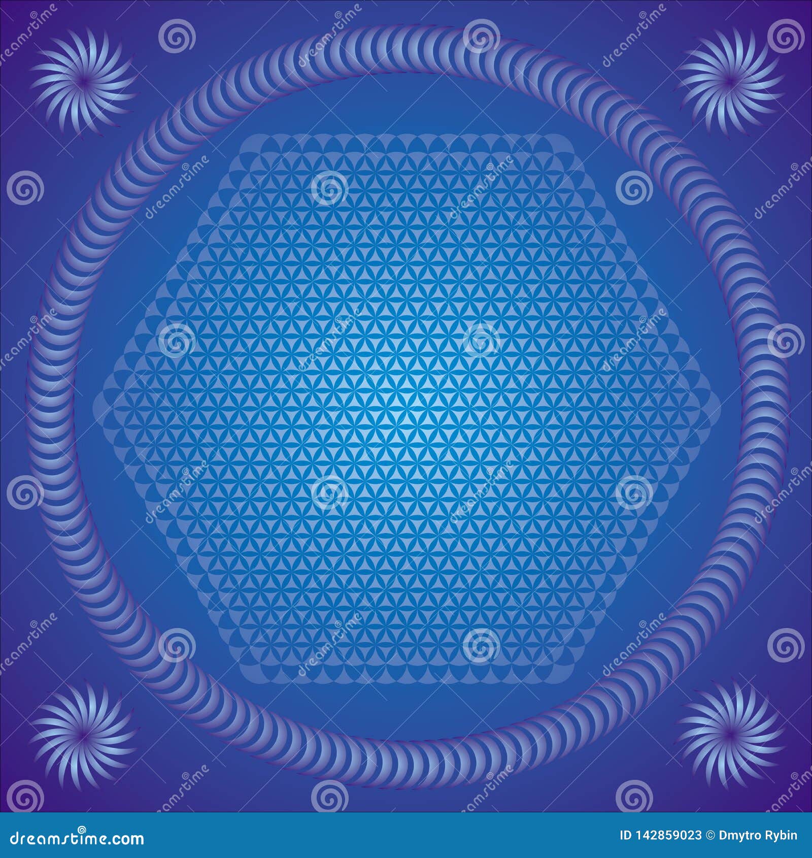 Hexagonal Mandala on a Blue Square Background. Crystal of Light Stock ...