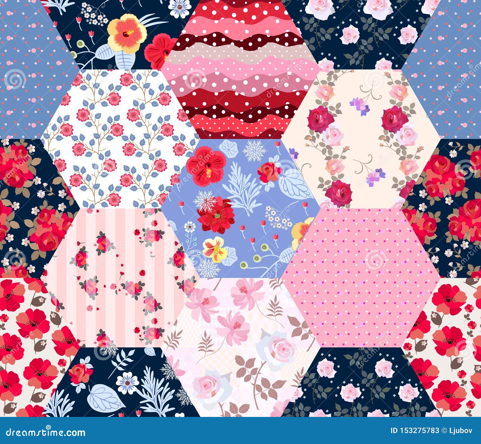 Hexagonal Patchwork Pattern with Floral Ornament. Seamless Design for ...