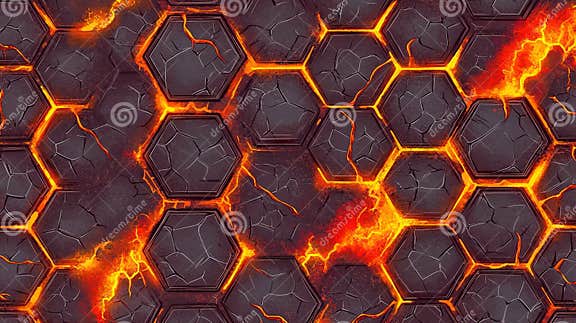 Hexagonal Pattern with Glowing Lava Cracks and Dark Stone Background ...