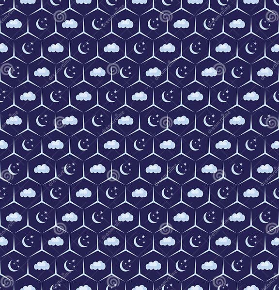 Hexagonal Pattern with Moons and Clouds Inside the Cells. Stock Vector ...