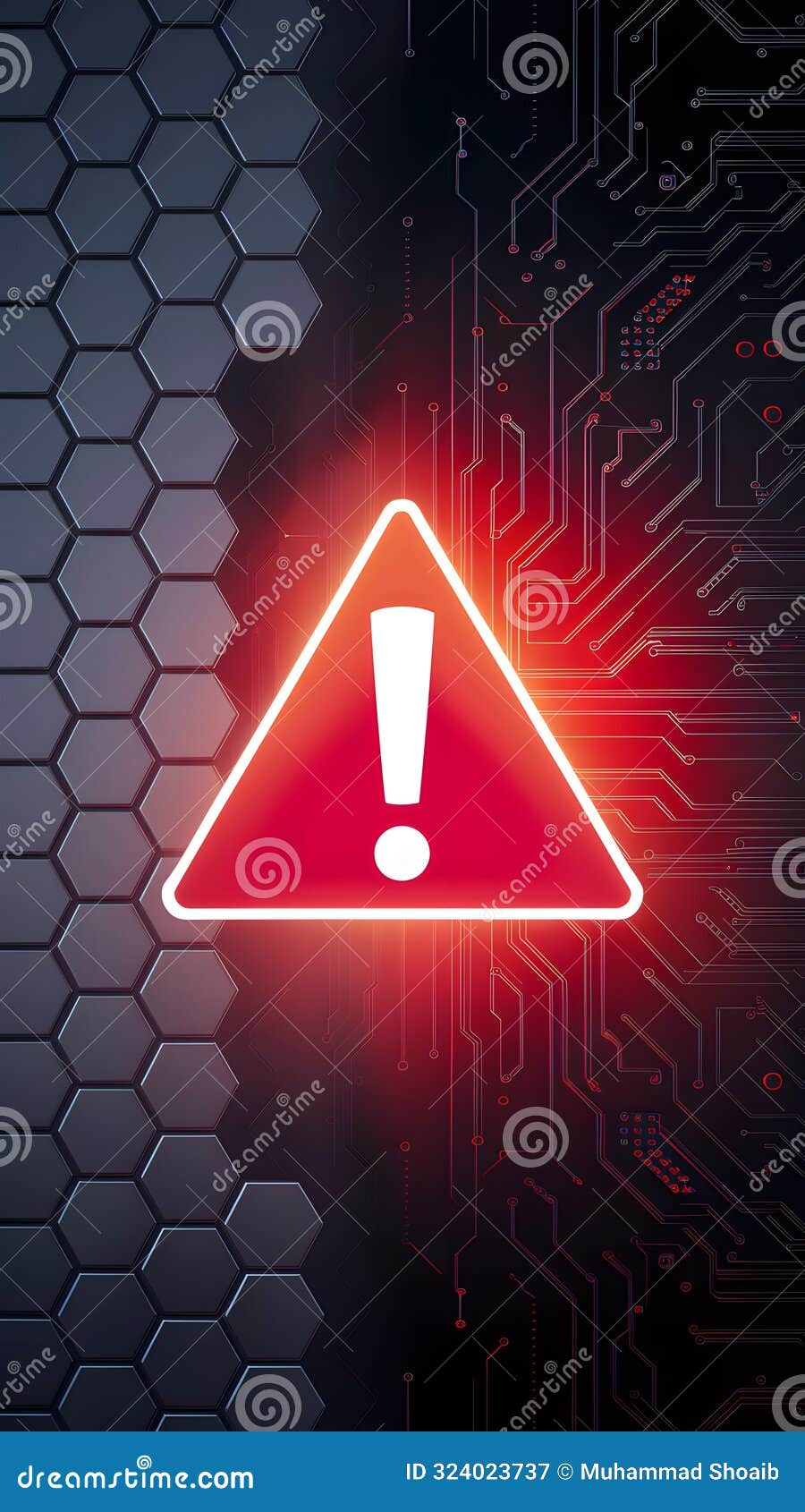 Hexagonal Patterns and Circuitry, Red Exclamation Mark Warns of Danger ...