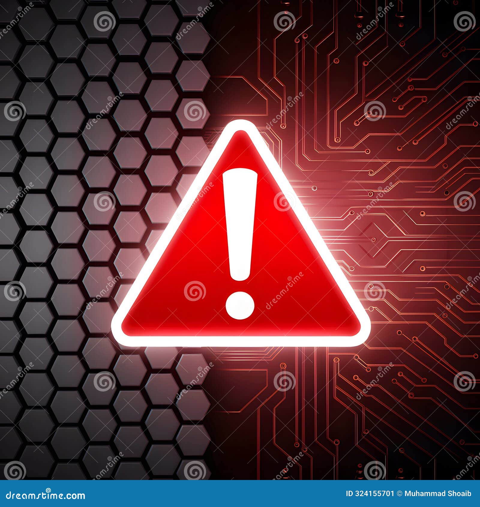 Hexagonal Patterns and Circuitry, Red Exclamation Mark Warns of Danger ...