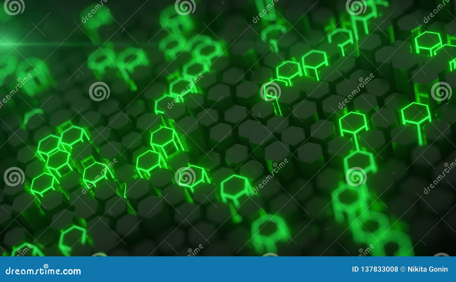 Hexagonal Structure with Green Neon Light 3D Render Stock Illustration ...