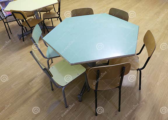 Hexagonal Table with the Chairs of a School Stock Image - Image of ...