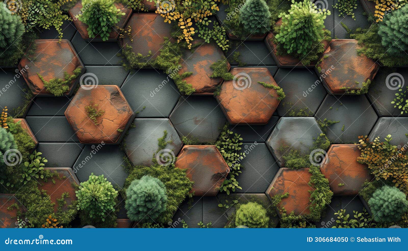 Hexagonal Tiles Adorned with Moss and Ferns in a Natural Pattern Stock ...