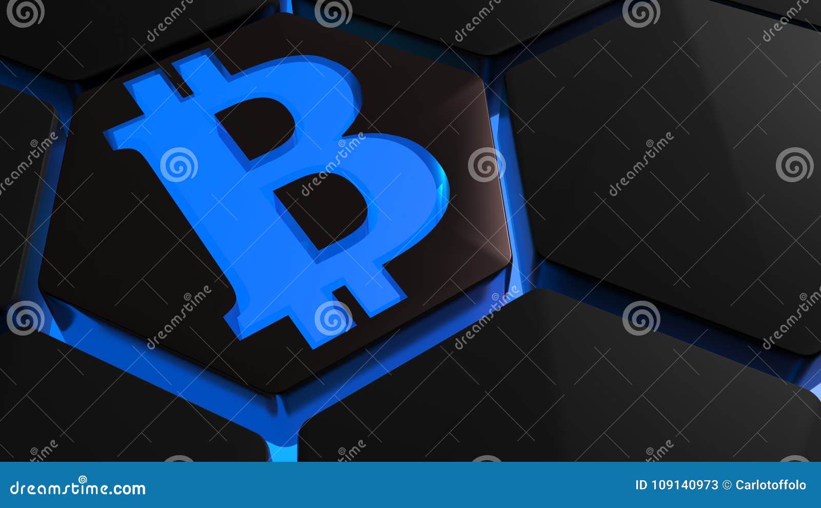 Bitcoin Symbol on Hexagon with Blue Backlight - 3D Rendering Stock ...