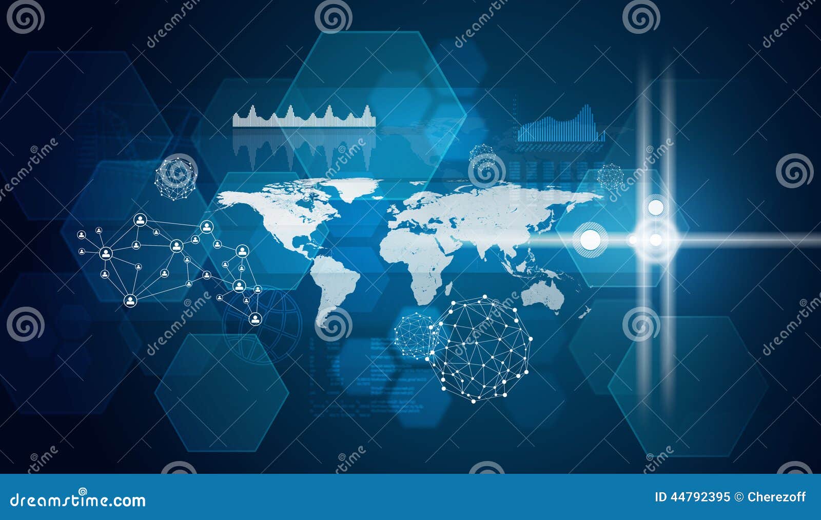 Hexagons, World Map and Glow Circles Stock Illustration - Illustration ...