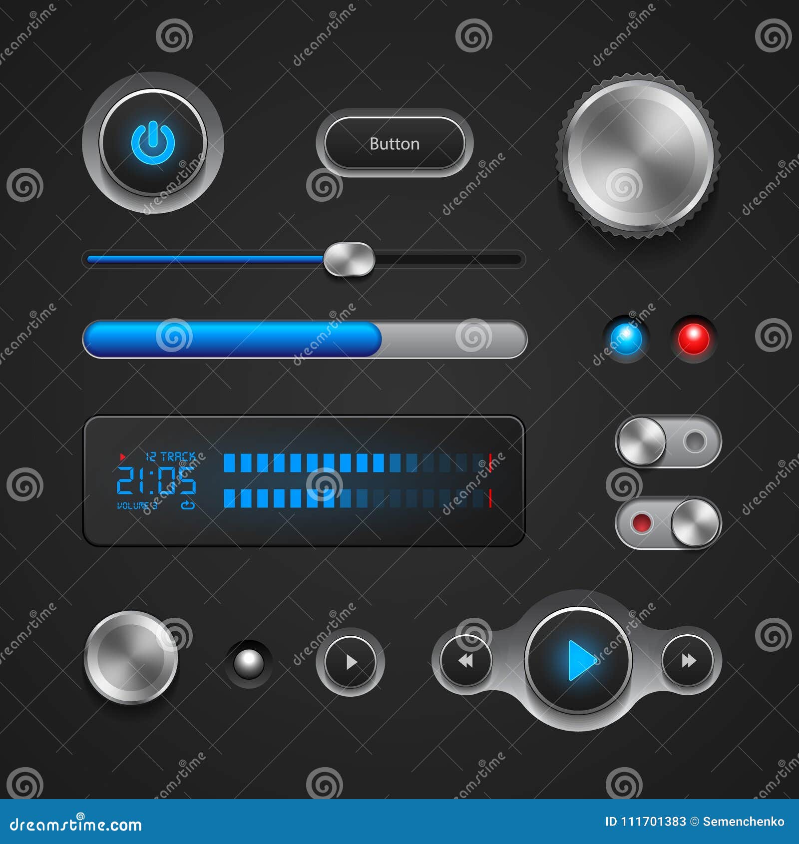 Hi-End User Interface Elements: Buttons, Switchers, on, Off, Player ...