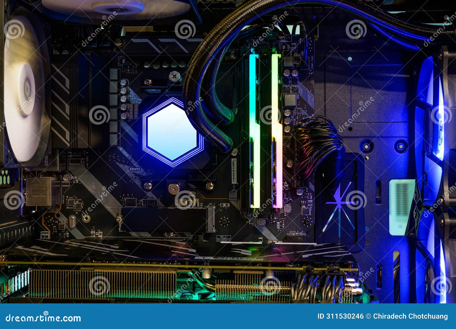 Processor With Neon Light. Large Photo With Blue-yellow Light On A Dark ...